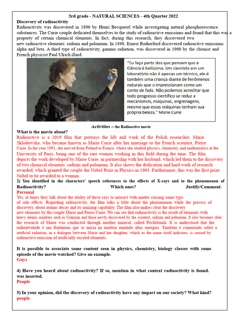 3rd Grade - Activity From the Movie Radioactive | PDF | Radioactive ...