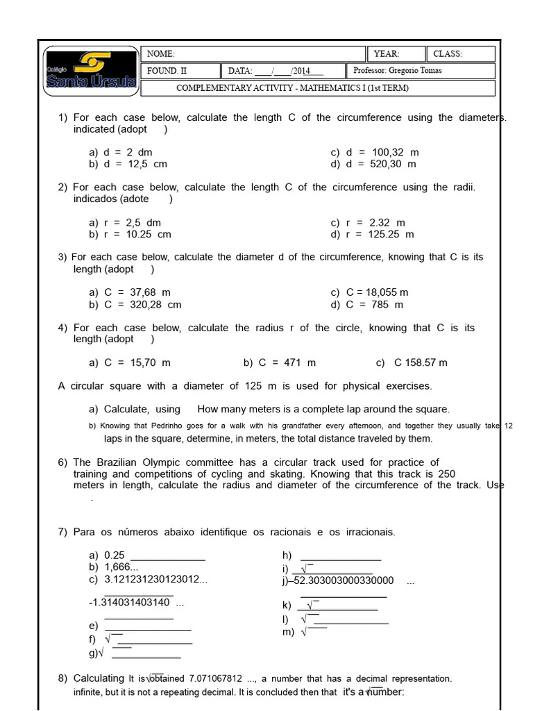 Complementary Activity of Mathematics I - Circumference Length ...