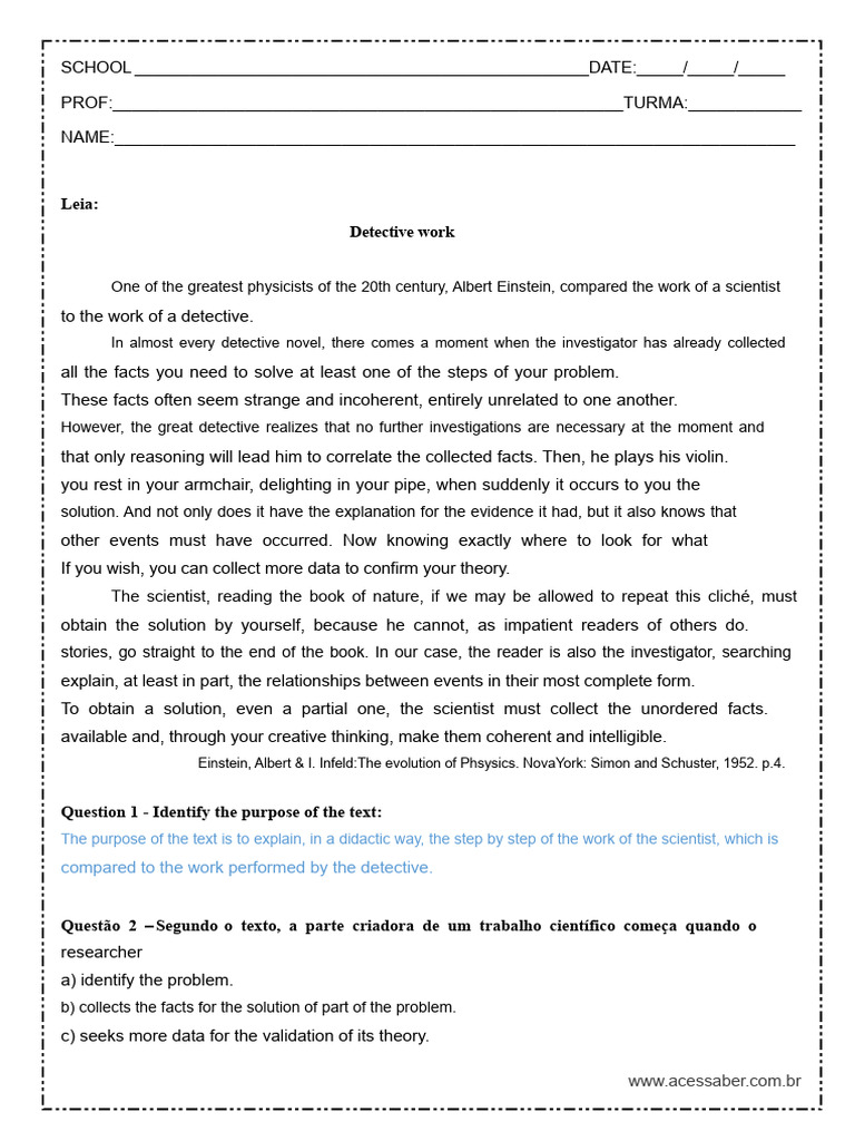 Text Interpretation Detective Work 2nd Year of High School Answers ...