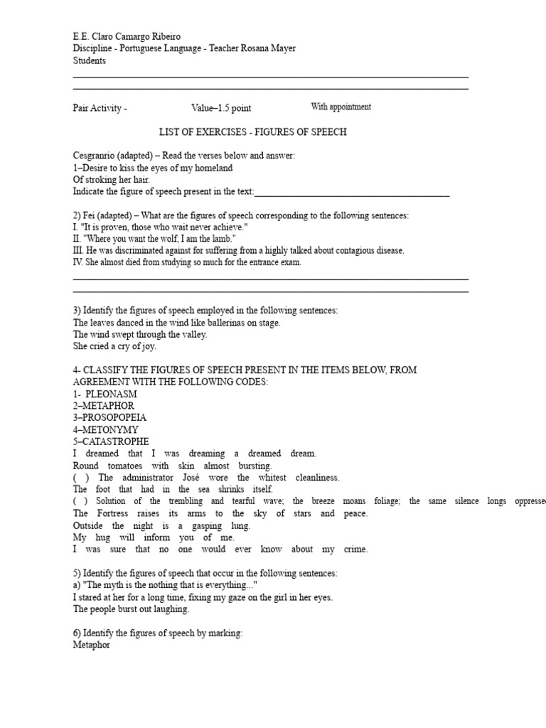FIGURATIVE LANGUAGE EXERCISE | PDF | Figures Of Speech | Rhetorical ...