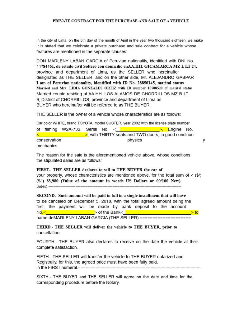 Private Vehicle Purchase and Sale Contract Model Peru | PDF | Private ...