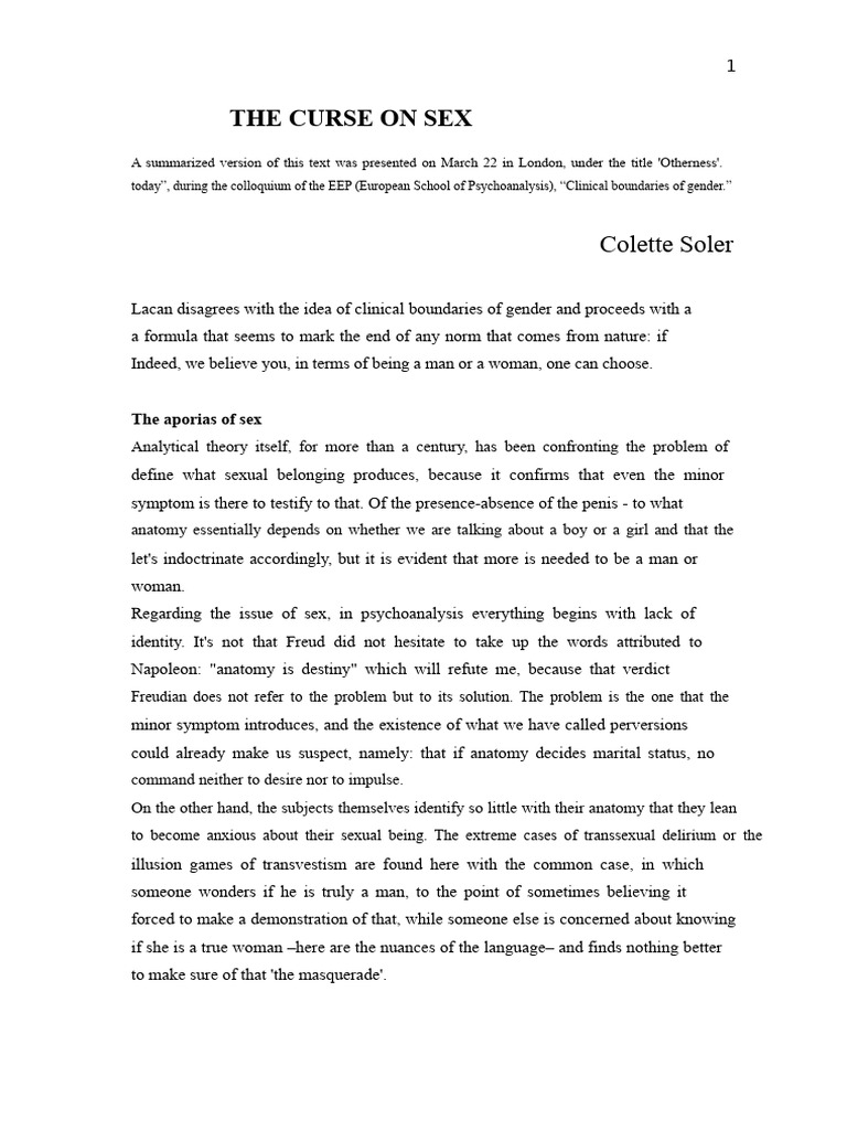 The Curse On Sex - Colette Soler | PDF | Jacques Lacan | Oedipus Complex