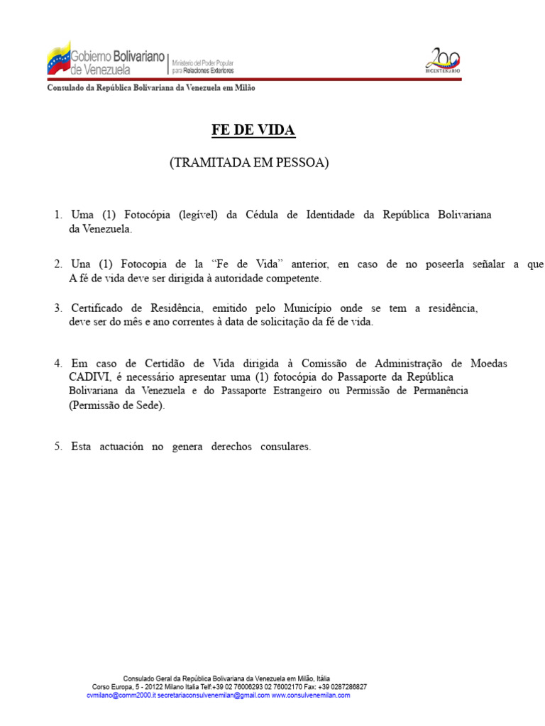 Documentação para Fe de Vida em Milão | PDF