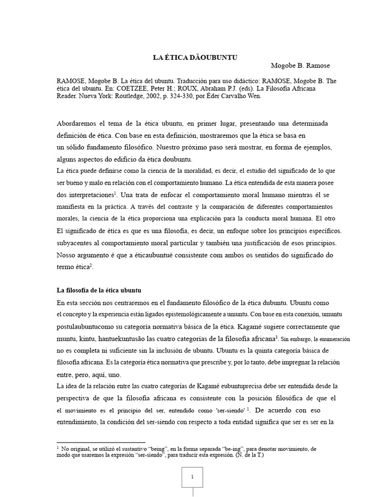 Mogobe b. Ramose - La Ética del Ubuntu | PDF | Moralidad | Ontología