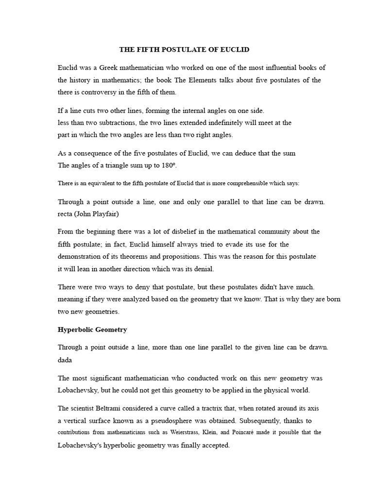The Fifth Postulate of Euclid | PDF | Hyperbolic Geometry | Axiom