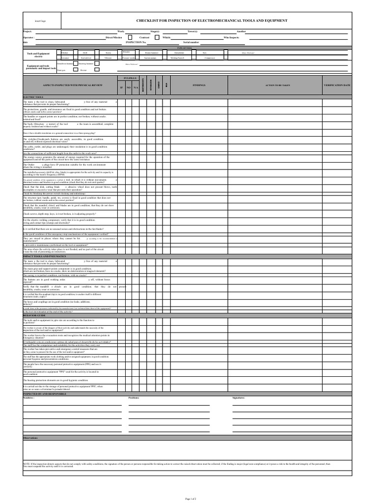Electromechanical Tools Inspection Checklist | PDF | Electrical ...