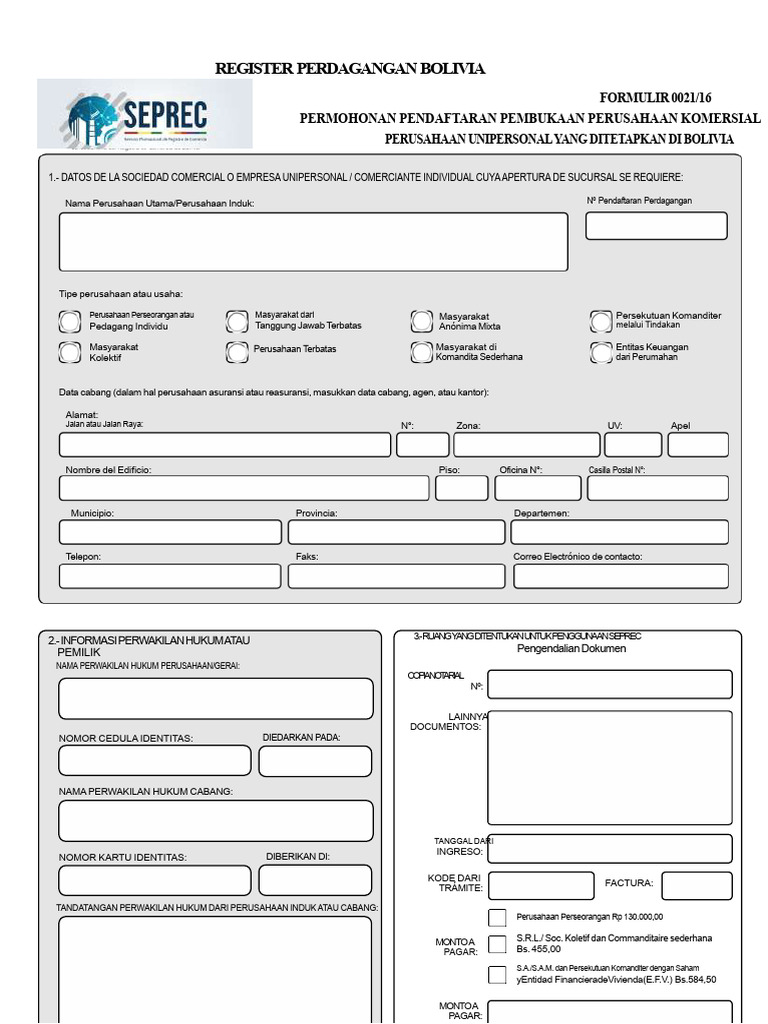 Pendaftaran Perusahaan di Bolivia: Formulir 0021/16 | PDF