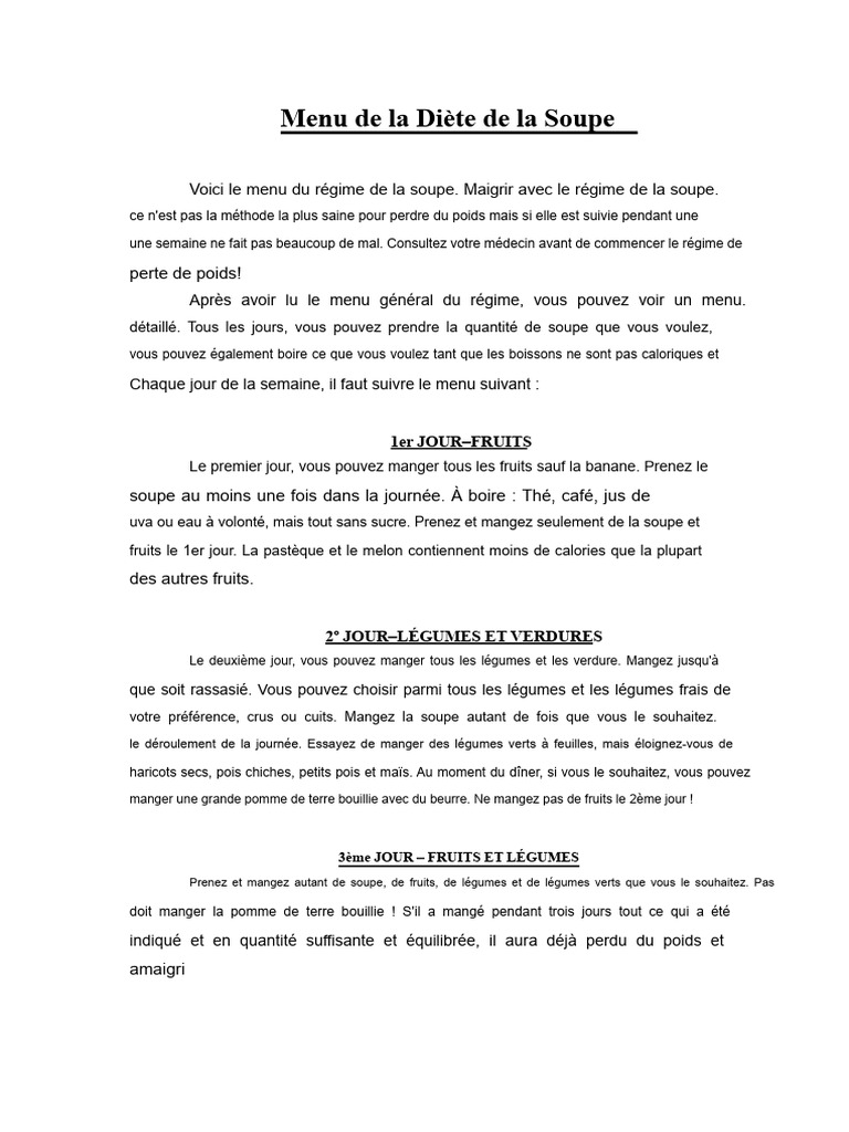 Menu de la diète de la soupe | PDF | Fruit | Légumes