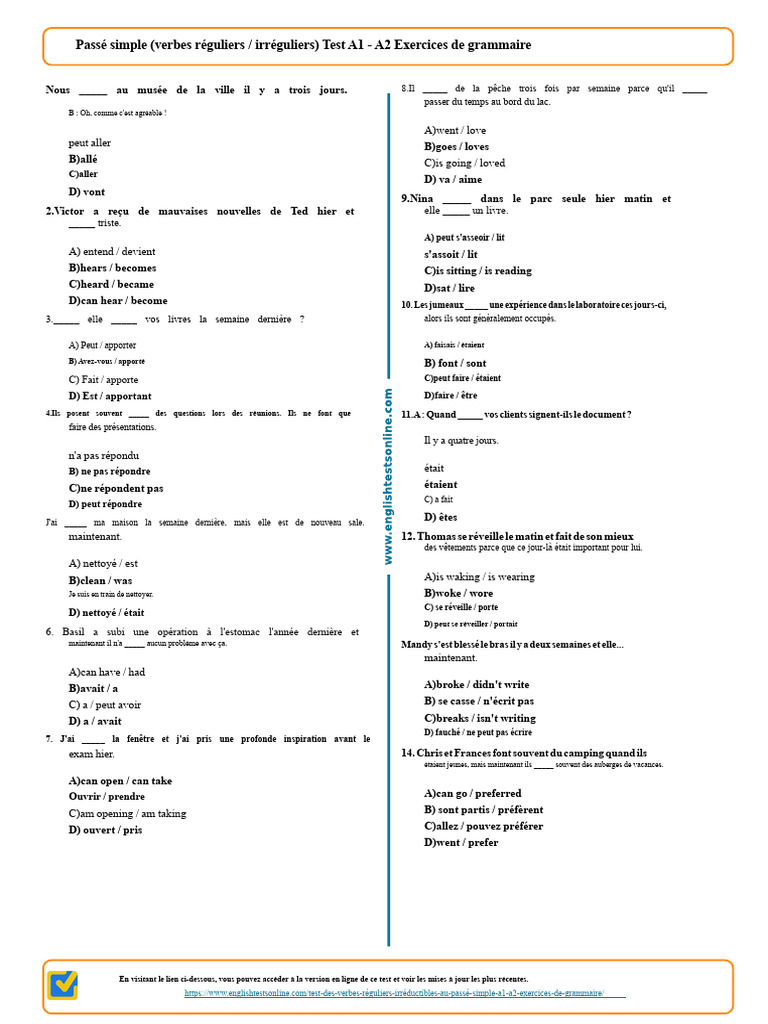 Test passé simple A1-A2 : exercices de grammaire | PDF
