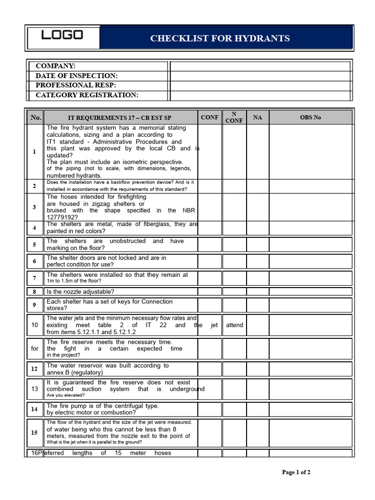 Checklist for Fire Hydrants.docx | PDF | Pump | Firefighting