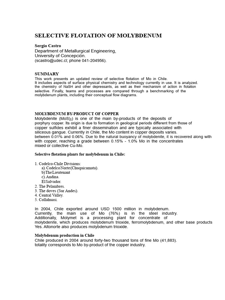UCONCEPCION_SELECTIVE_FLOTATION_MOLYBDENUM_S_Castro | PDF | Molybdenum ...