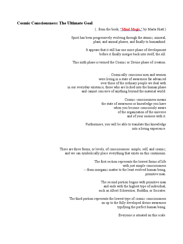 Cosmic Consciousness - The Ultimate Goal | PDF | Consciousness | Plane ...