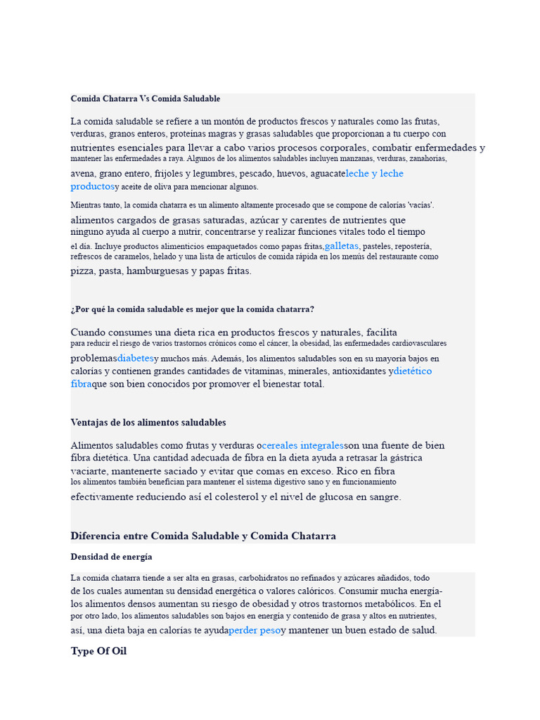 Comida Chatarra vs Saludable: Beneficios y Riesgos | PDF | Alimentos ...