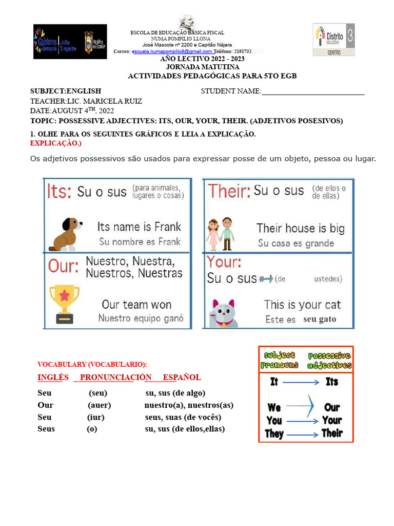 Atividades de Inglês: Adjetivos Possessivos | PDF