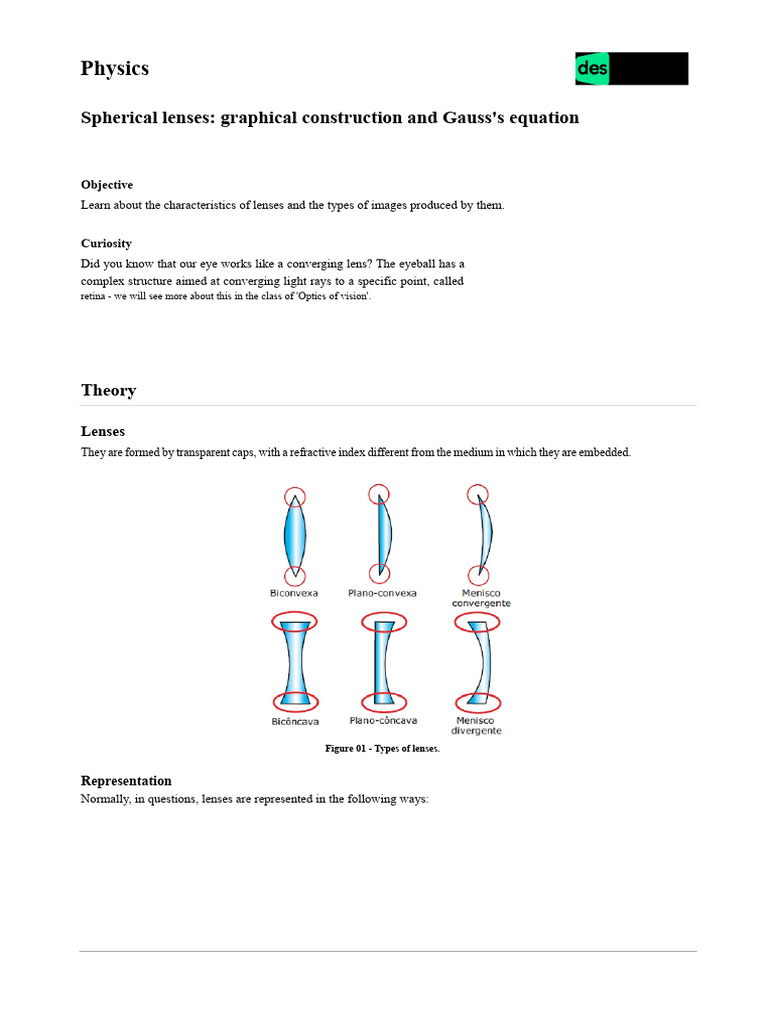 Spherical lenses graphic construction and Gauss's equation | PDF ...