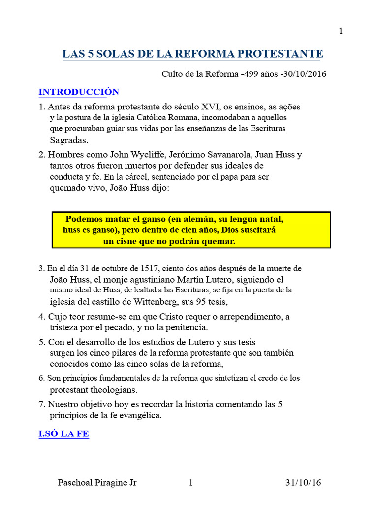 Las 5 Solas de la Reforma Protestante | PDF | Martin Luther | Gracia divina