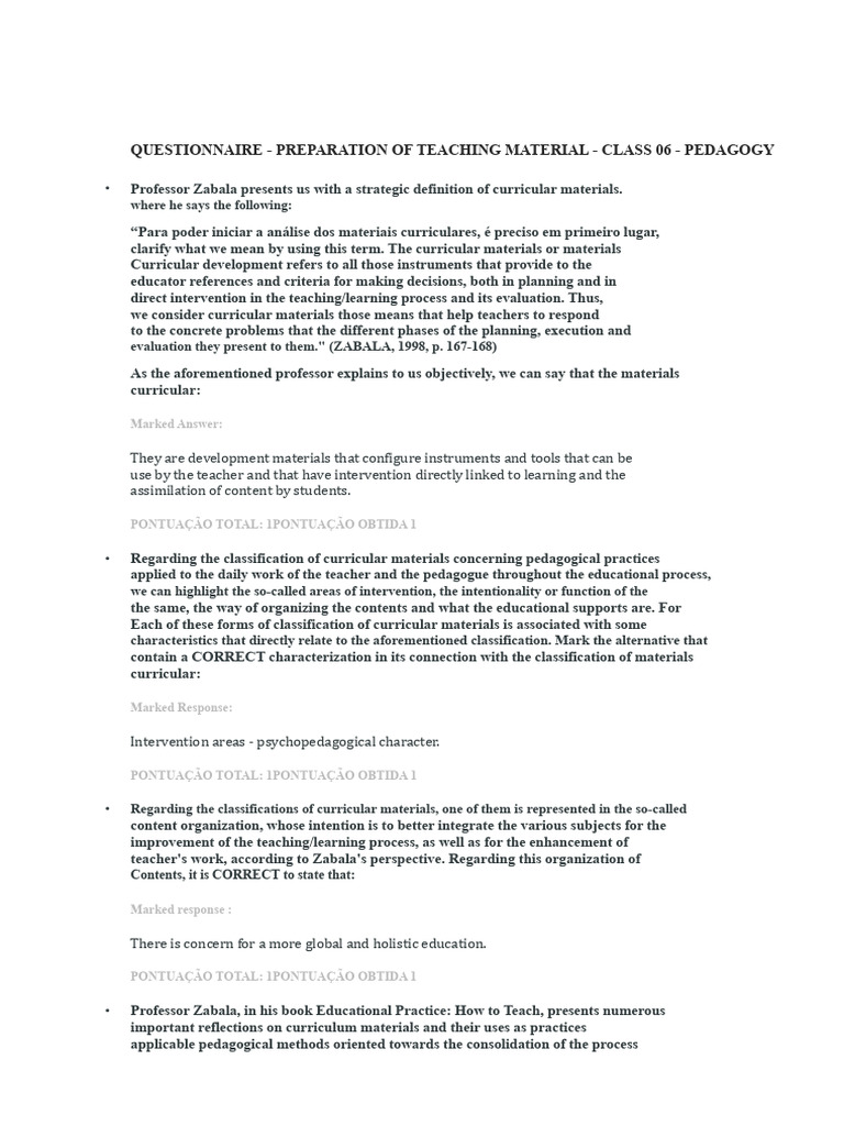 Questionnaire - Development of Teaching Material - Class 06 - Pedagogy ...