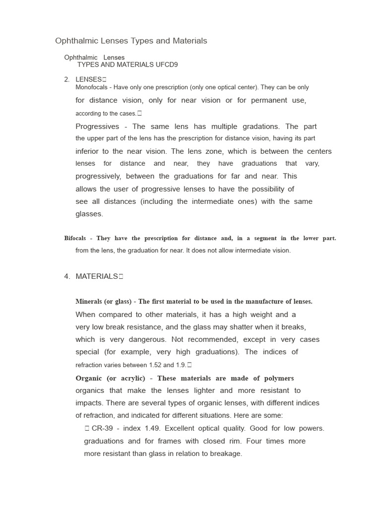 Ophthalmic Lenses Types and Materials | PDF | Vision | Human Eye