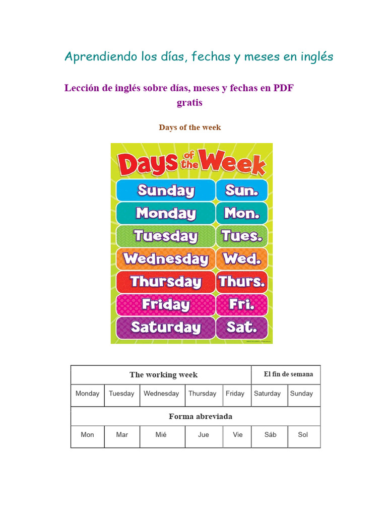 Aprendiendo los días, fechas y meses en inglés | PDF