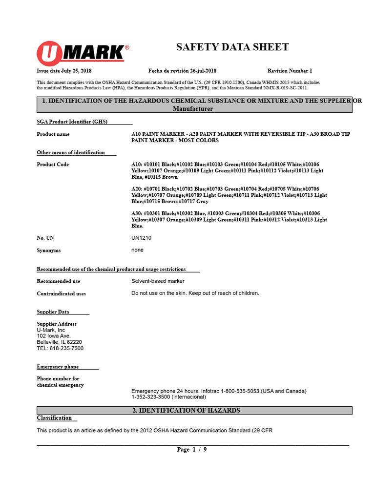Safety Data Sheet for Paint Markers | PDF | Superfund | Dangerous Goods