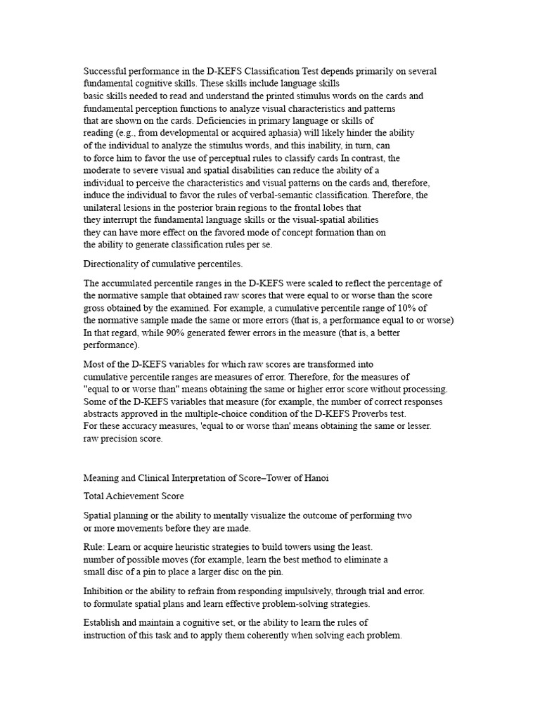 D-KEFS Test: Cognitive Skills Analysis | PDF | Perception | Executive ...