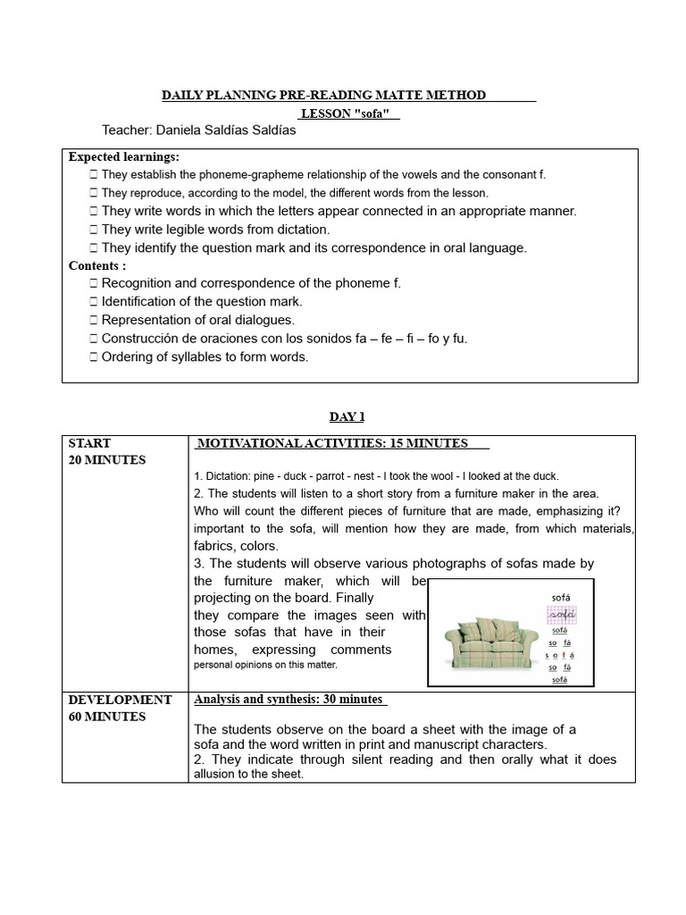 DAILY PLANNING - SOFA LESSON - MATTE METHOD COURSE | PDF | Word | Vowel