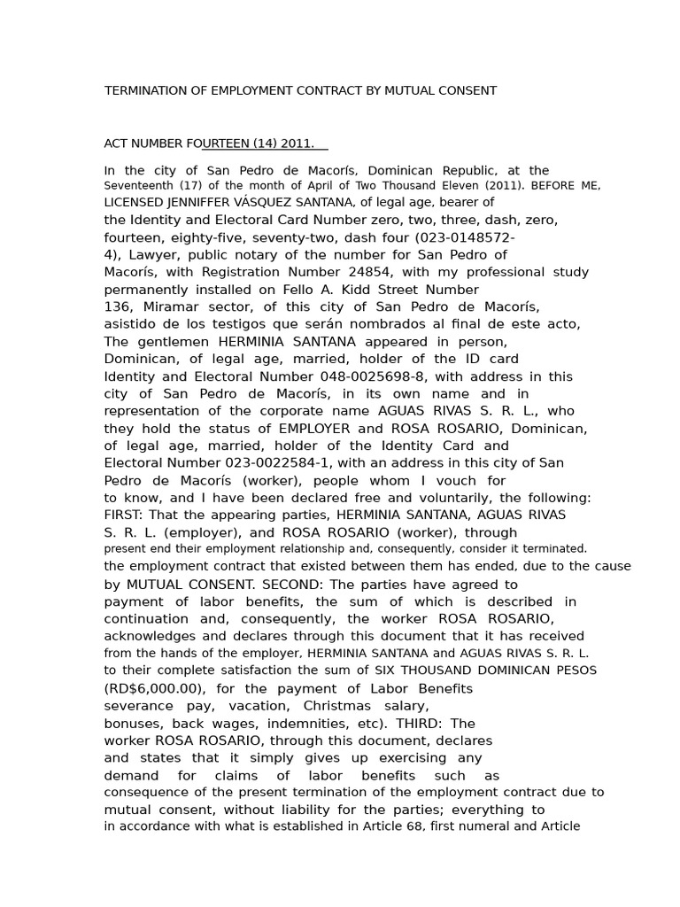 Termination of Contract by Mutual Consent | PDF | Employment | Identity ...