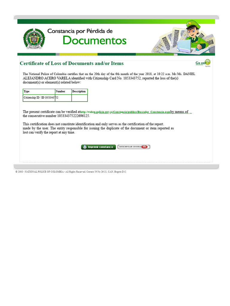 NATIONAL POLICE - Certificate of Loss of Documents or Items PDF | PDF