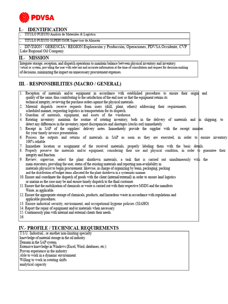 Job Description For Materials and Logistics Analyst PDP | PDF ...