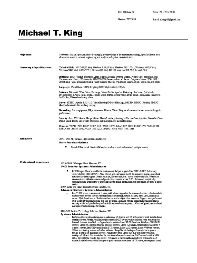 Michael King Resume | PDF | Web Server | Internet & Web