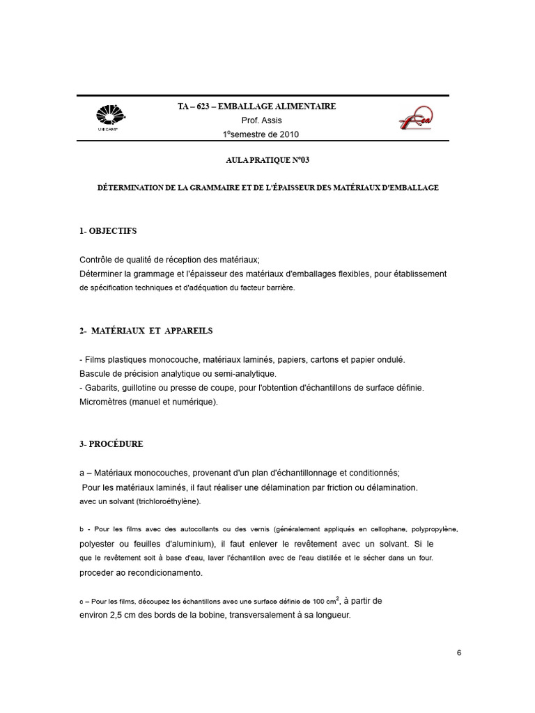 Analyse de l'épaisseur et grammage des emballages | PDF | Sciences ...