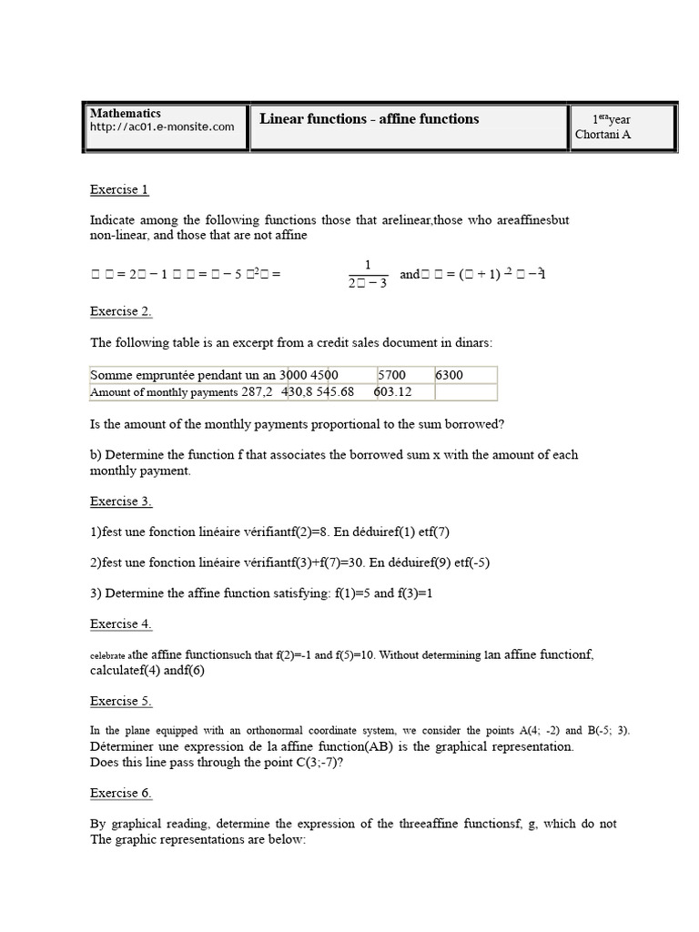 Series of Exercises - Math - Linear Functions, Affine Functions - 1st ...