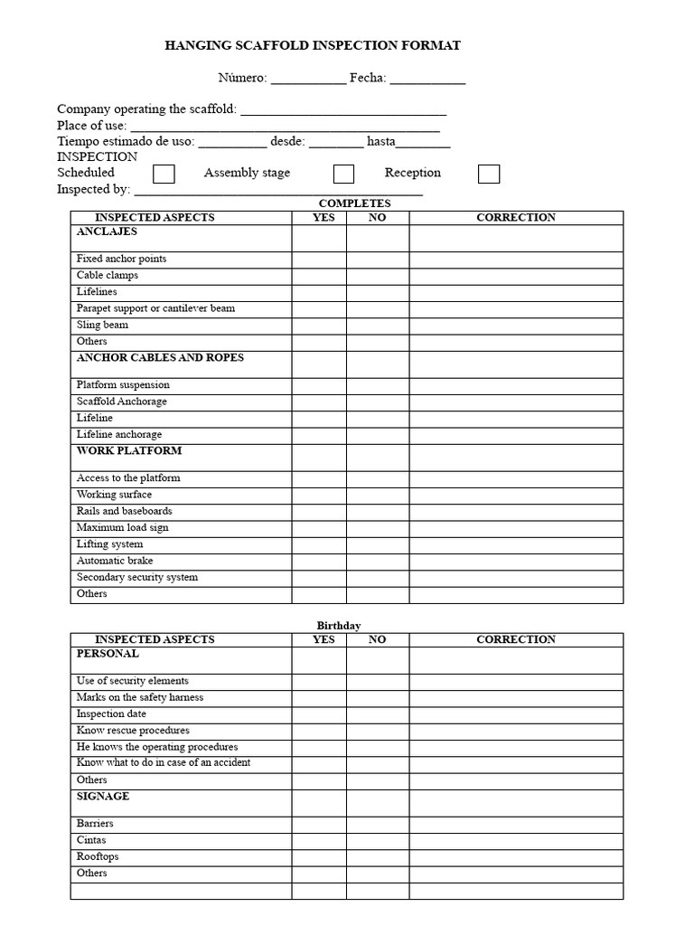 Format of Inspection For Suspended Scaffolds | PDF | Scaffolding ...