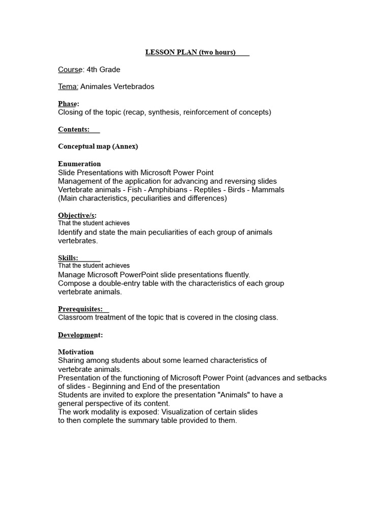 Lesson Plan Vertebrate Animals | PDF | Vertebrates | Lesson Plan