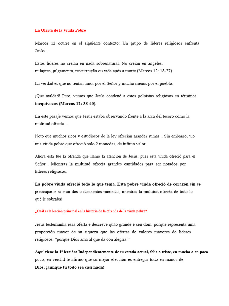 La Ofrenda de la Viuda Pobre | PDF | Jesús | Amor