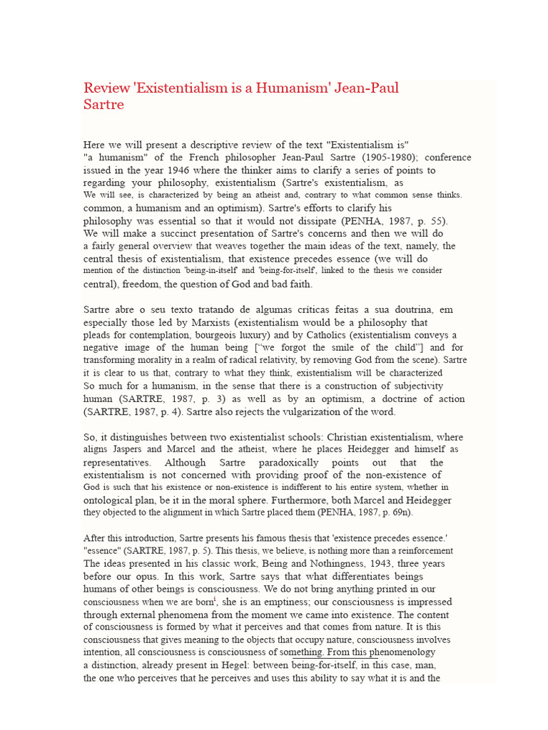 Review 'Existentialism is a Humanism' by Jean-Paul Sartre | PDF ...