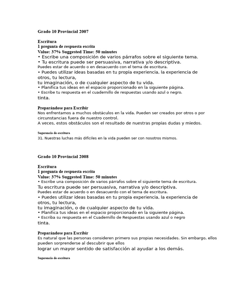 Temas de Escritura Provinciales para Décimo Grado | PDF