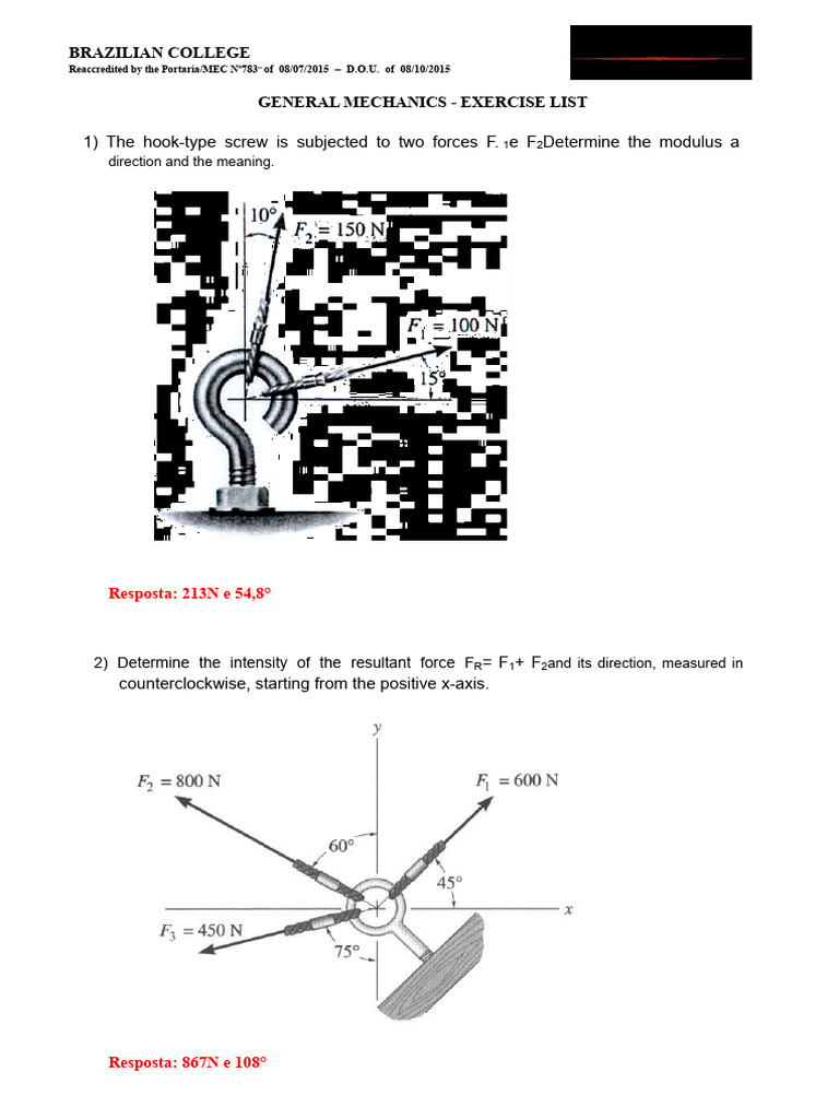 General Mechanics Exercise List | PDF | Force | Angle
