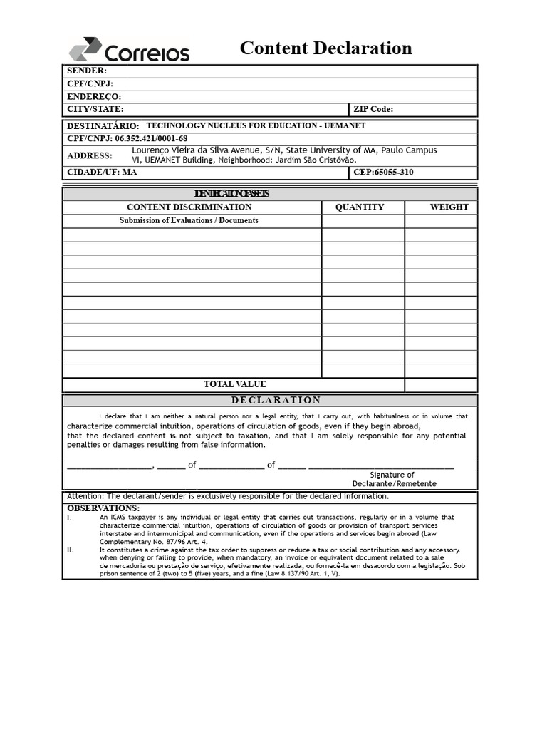 Shipping Content Declaration-V2 | PDF | Taxation | Public Finance