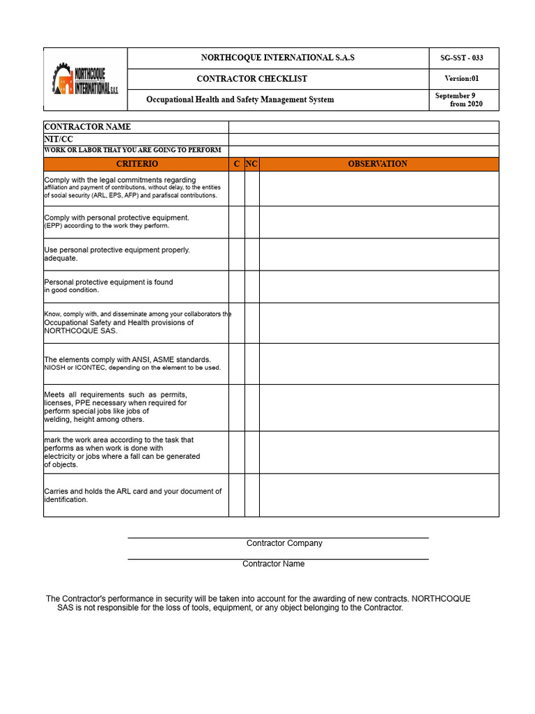 CONTRACTOR-SUPPLIER CHECKLIST | PDF