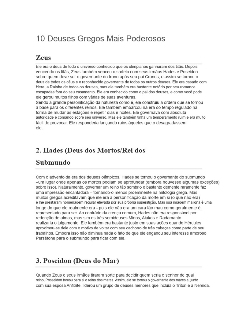 10 Deuses Gregos Poderosos e Seus Poderes | PDF | Zeus | Mitologia grega