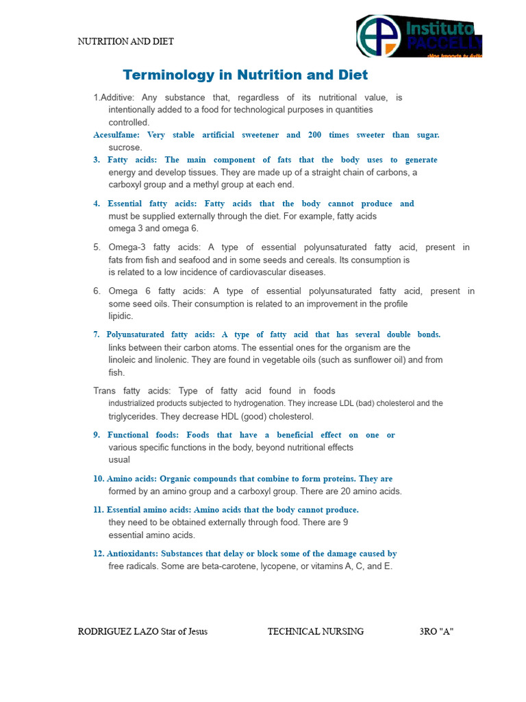 Terminology in Nutrition and Diet | PDF | Polyunsaturated Fat | Nutrients