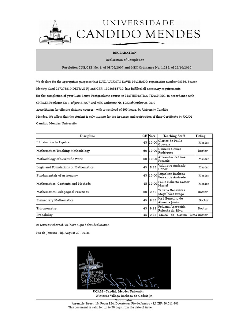 Declaration of completion Ucam | PDF | Mathematics