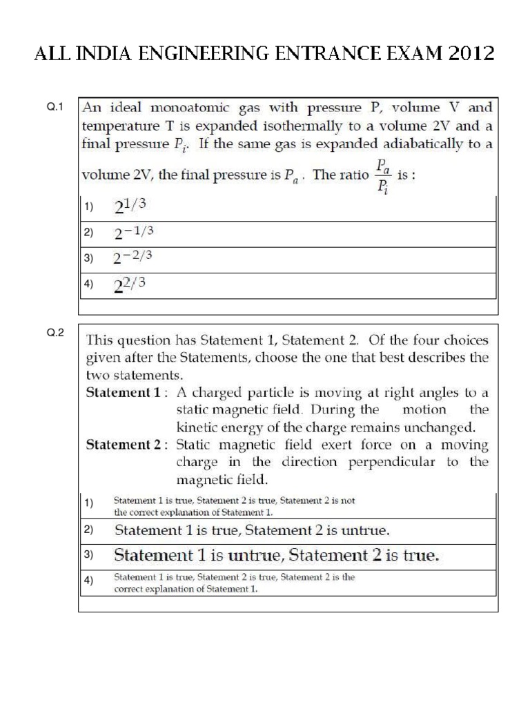 Aieee 2012 Question Paper (12th May) | PDF