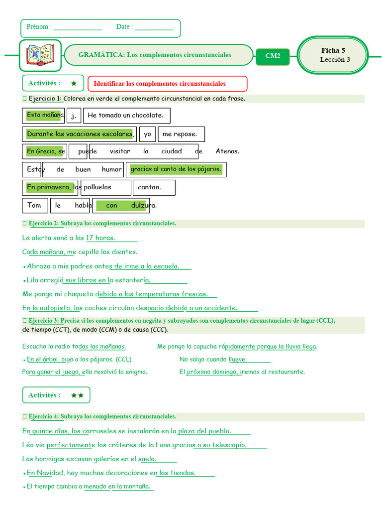 Ficha 5 Los Complementos Circunstanciales Corrección | PDF