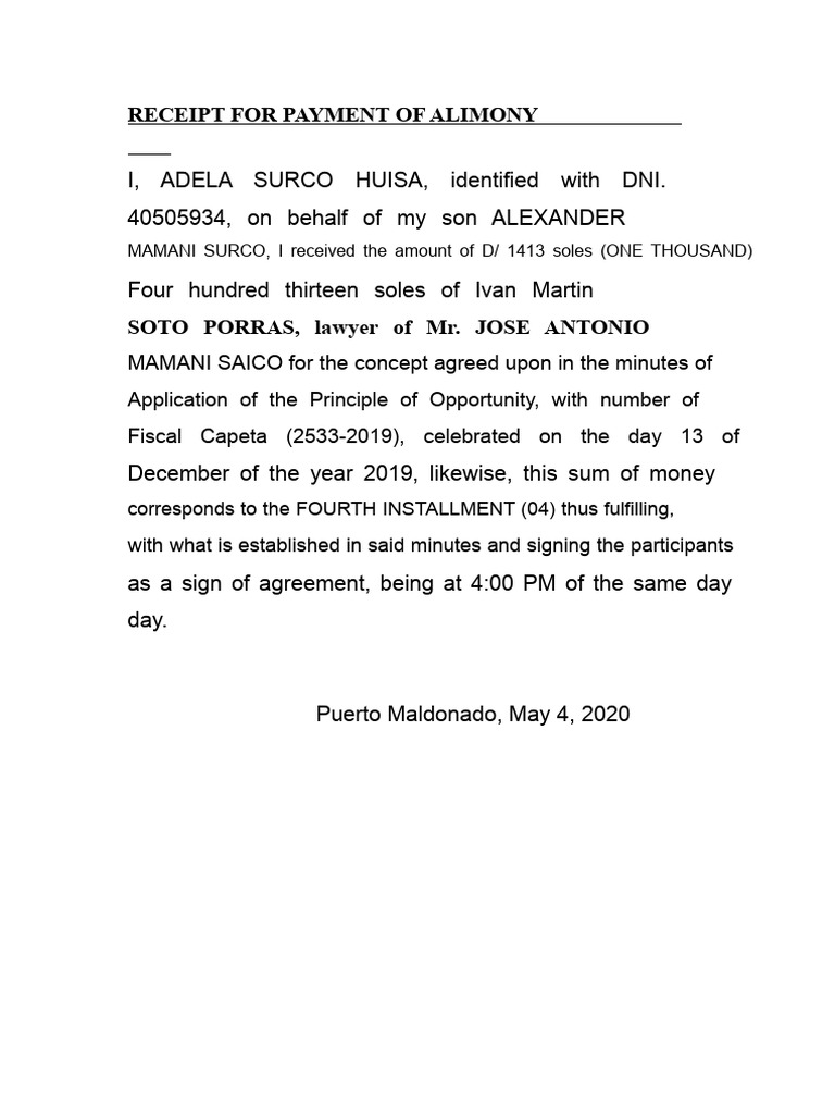 Receipt For Payment of Alimony | PDF