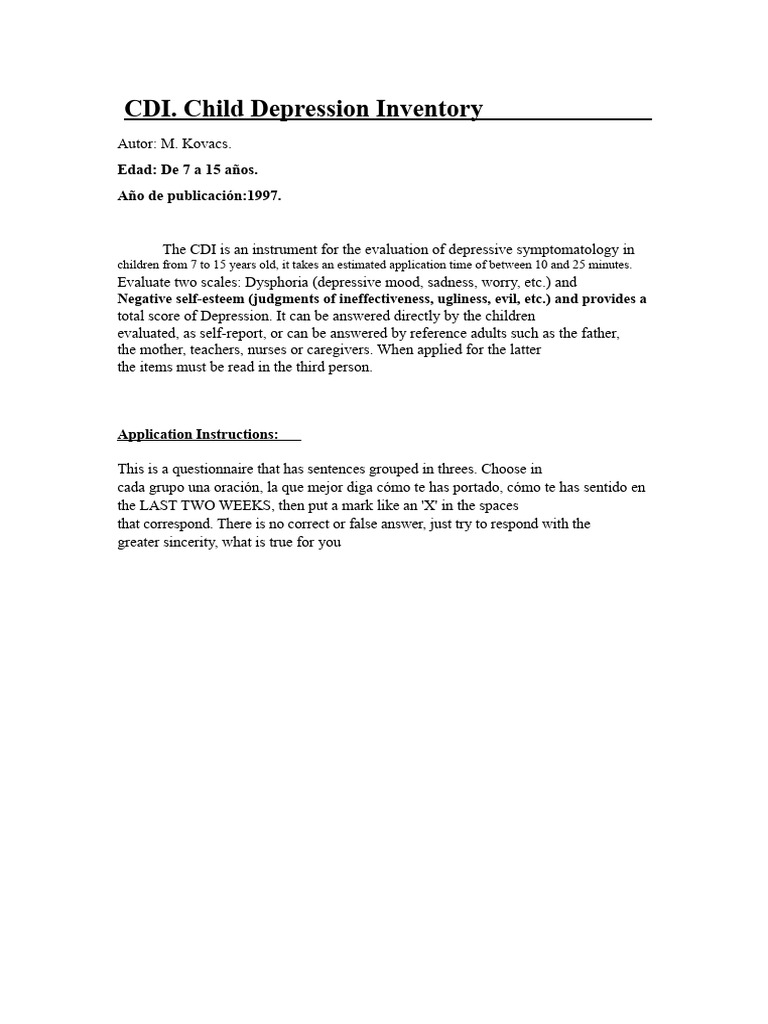 CDI Children's Depression Inventory, M. Kovacs (1997) | PDF | Abnormal ...