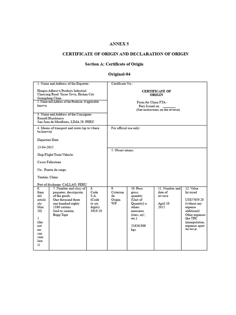 Certificate of Origin With China - Instructions For Completing The Co ...