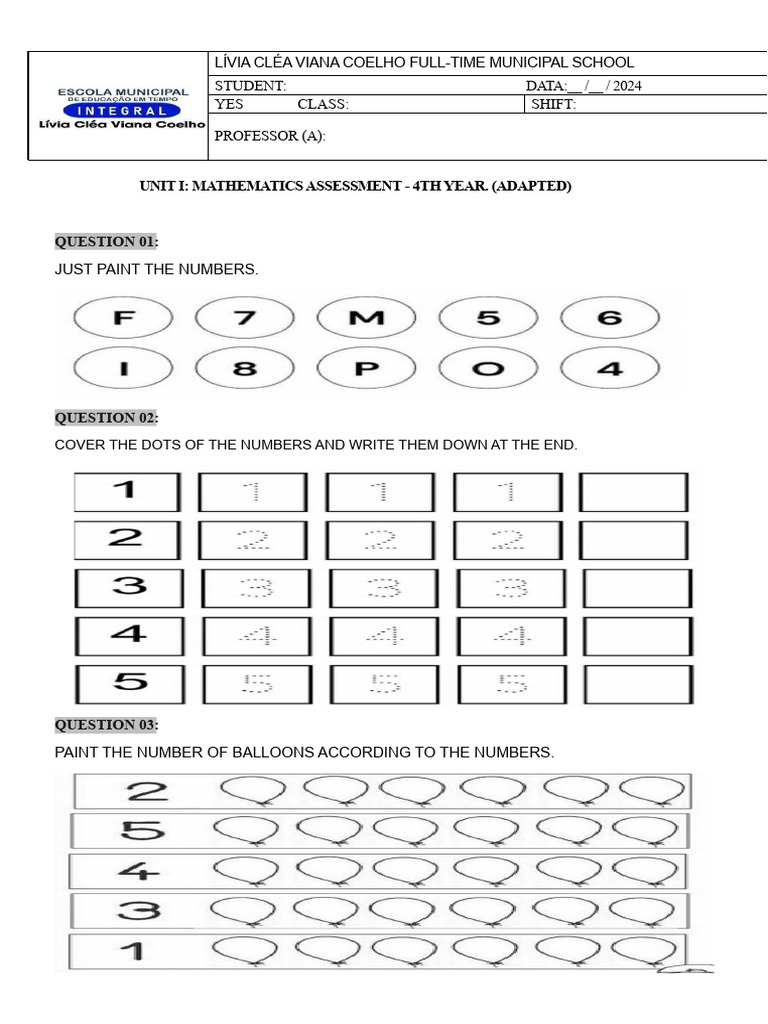 Mathematics Assessment (Adapted) For 4TH Grade - Unit I. | PDF