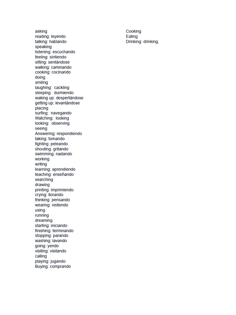50 Verbs in Present Progressive in English and Spanish | PDF